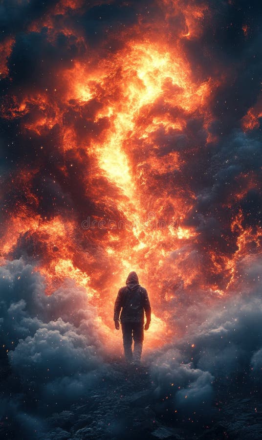 Fiery Pathway Illuminated by Flames with a Silhouetted Figure in View ...