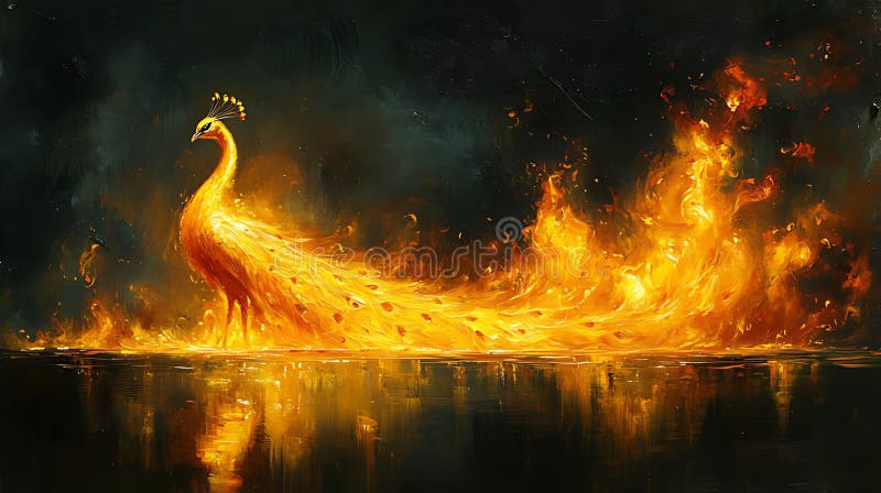 Fiery Peacock with Flaming Tail Feathers Reflected in Dark Water Stock ...