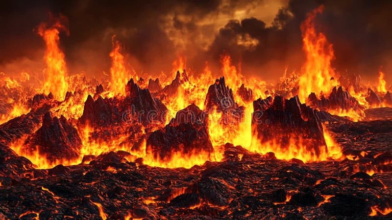 An Infernal Landscape of Fiery Peaks and Molten Ground Under a Stormy ...
