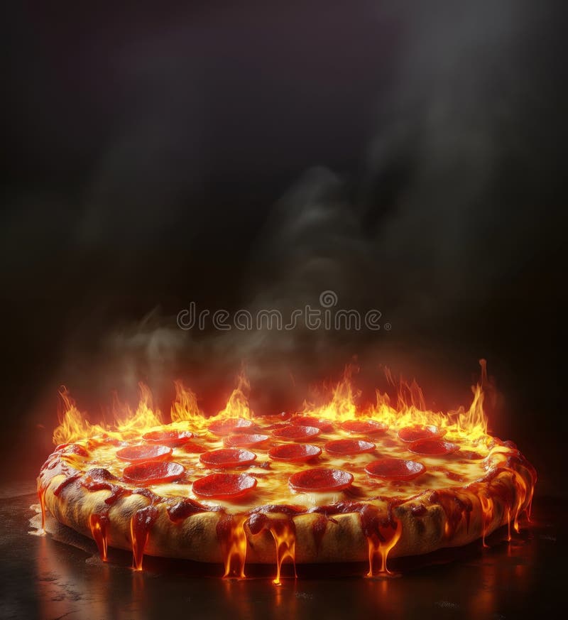 Fiery Pepperoni Pizza with Flames and Smoke Creating a Dramatic Effect ...