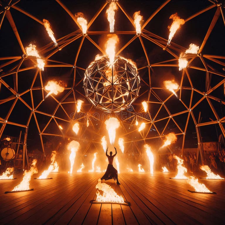 Fiery Performance Inside a Geodesic Dome, with a Central Flaming Sphere ...