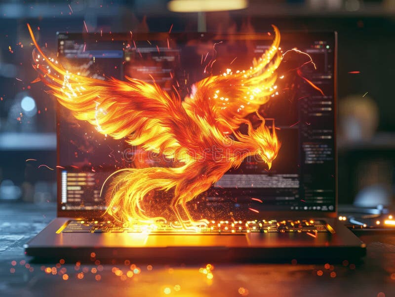 Fiery Phoenix Ascending from a Laptop Its Wings Spread Wide Casting a ...