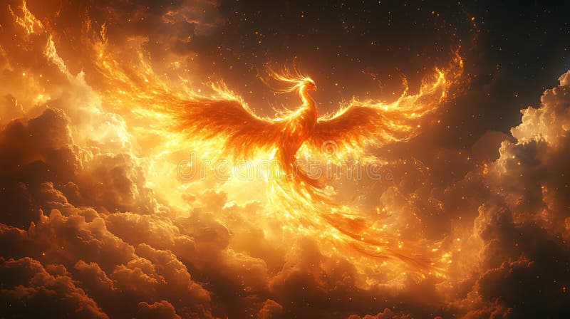 Fiery Phoenix Ascending Night Sky Clouds Fantasy Art Stock Illustration ...