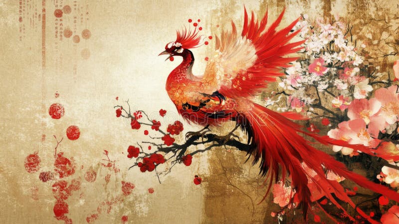 Fiery Phoenix Bird in Blossom Tree Branches Stock Illustration ...