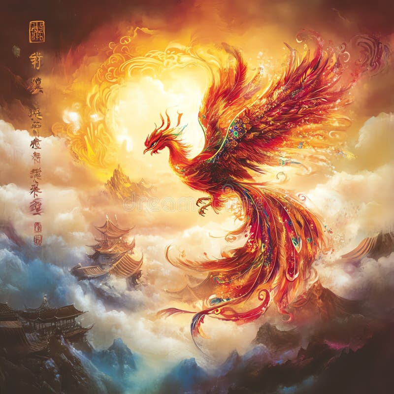 Fiery Phoenix Bird Soars through a Vibrant Sunset Sky Stock ...