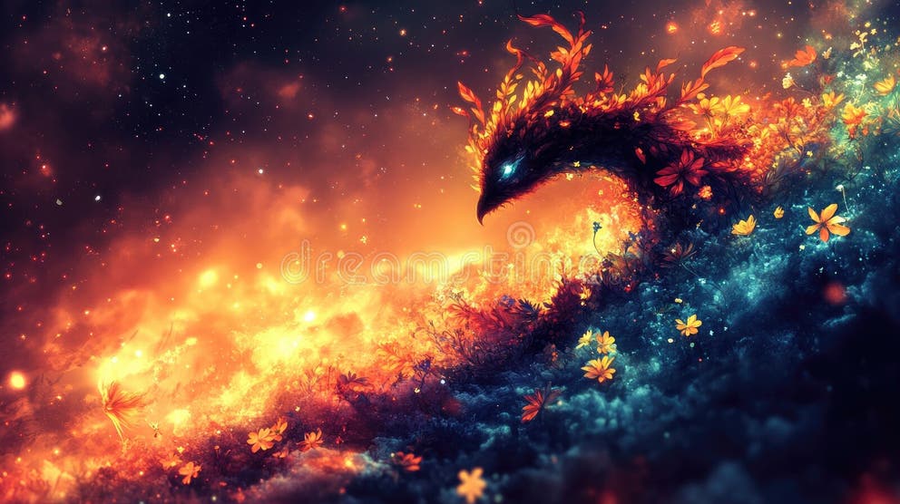 Fiery Phoenix in Cosmic Floral Landscape Stock Photo - Image of ...