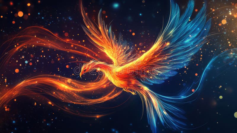 Fiery Phoenix in Cosmic Night Sky Stock Illustration - Illustration of ...