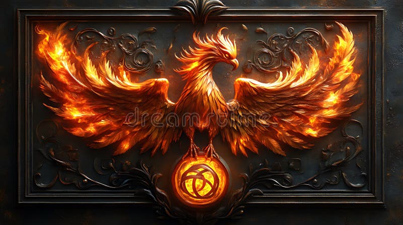 A Fiery Phoenix in a Decorative Frame, with Wings Outstretched and a ...