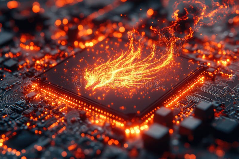 Fiery Phoenix CPU: Digital Art of a Burning Bird on a Motherboard Stock ...