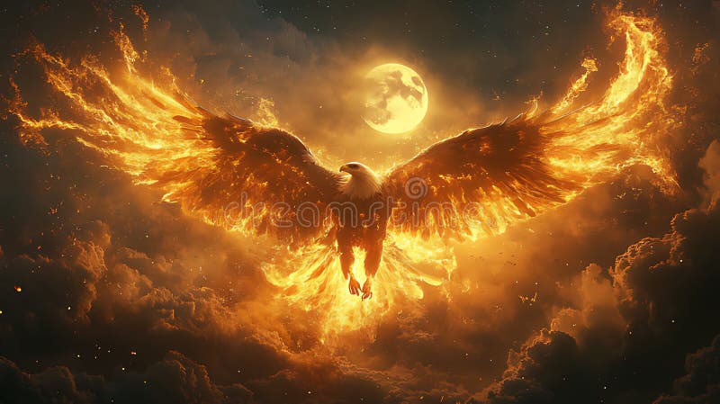 Fiery Phoenix Eagle in Flight Against a Full Moon and Night Sky Stock ...