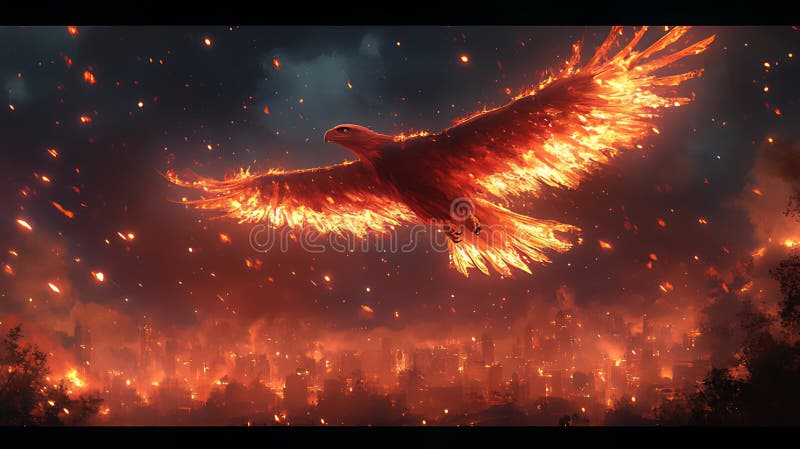 Fiery Phoenix Eagle Soaring Above Inferno, Embers Falling Stock ...