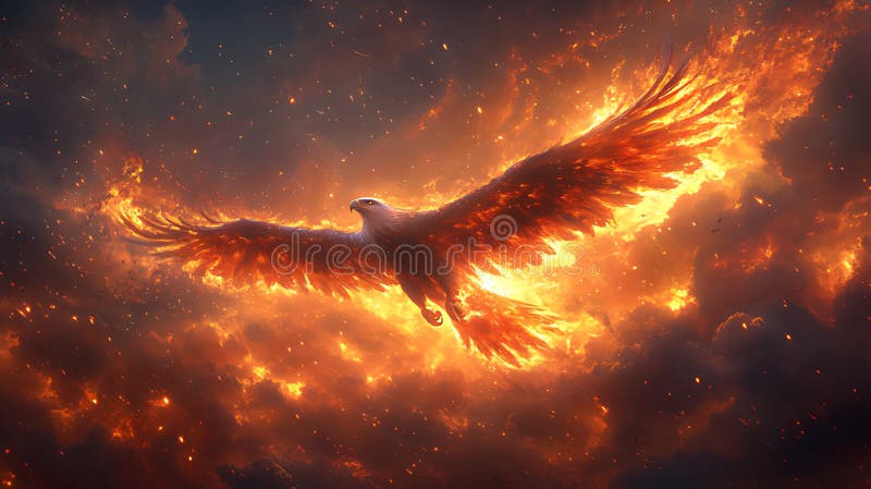 Fiery Phoenix Eagle Soaring through Burning Clouds Stock Illustration ...