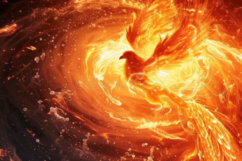 A Fiery Phoenix Emerges from a Swirling Vortex of Water and Wind Stock ...