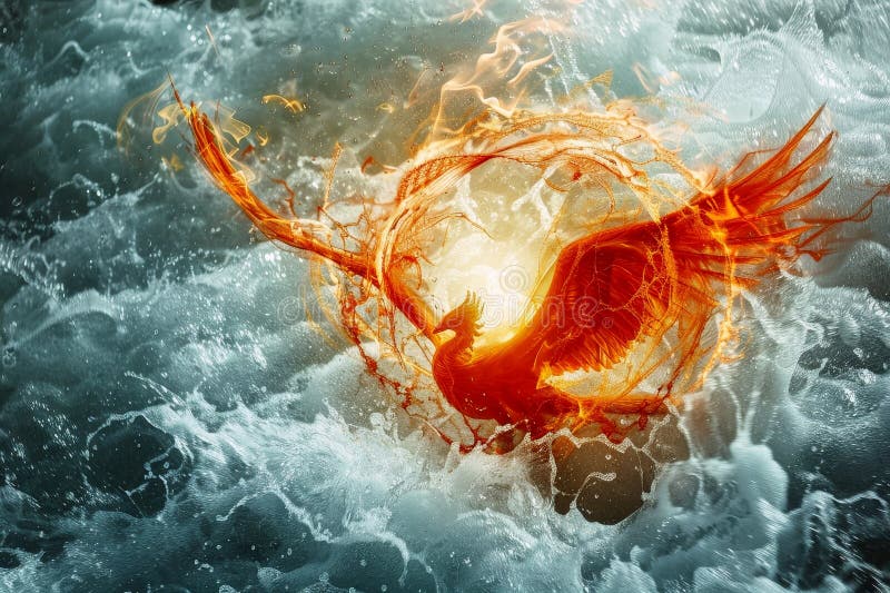 A Fiery Phoenix Emerges from a Swirling Vortex of Water and Wind Stock ...