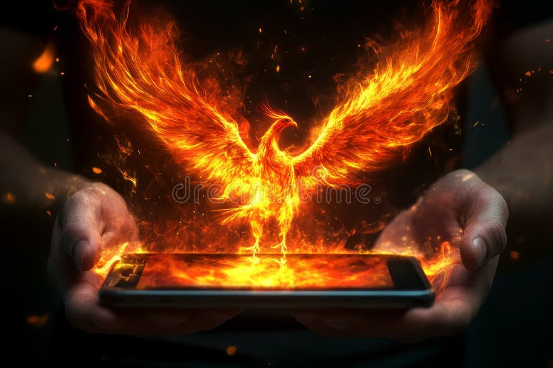 Hand Holding Glowing Phoenix Bursting from Shattered Digital Tablet ...