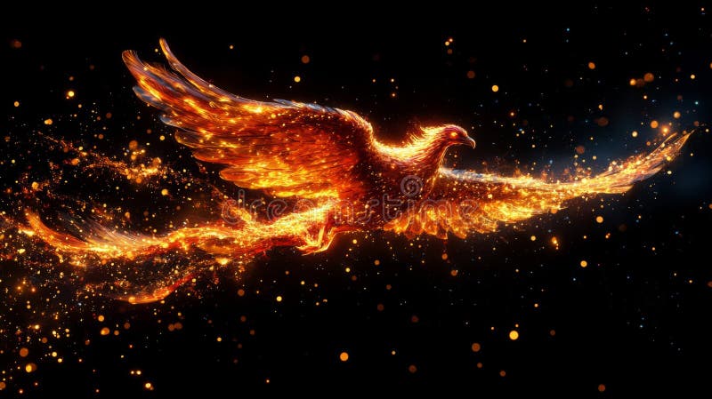 Fiery Phoenix in Flight Against Black Background Stock Illustration ...