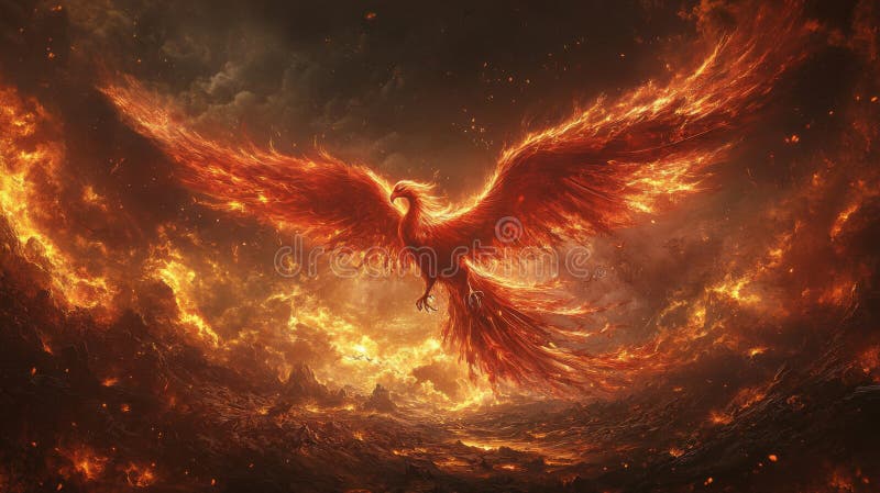 Fiery Phoenix in Flight Against a Dark Background Stock Illustration ...