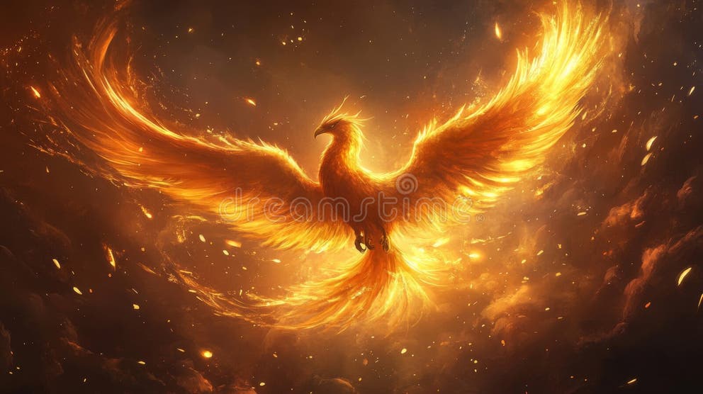 Fiery Phoenix in Flight Against a Dark Sky Stock Illustration ...
