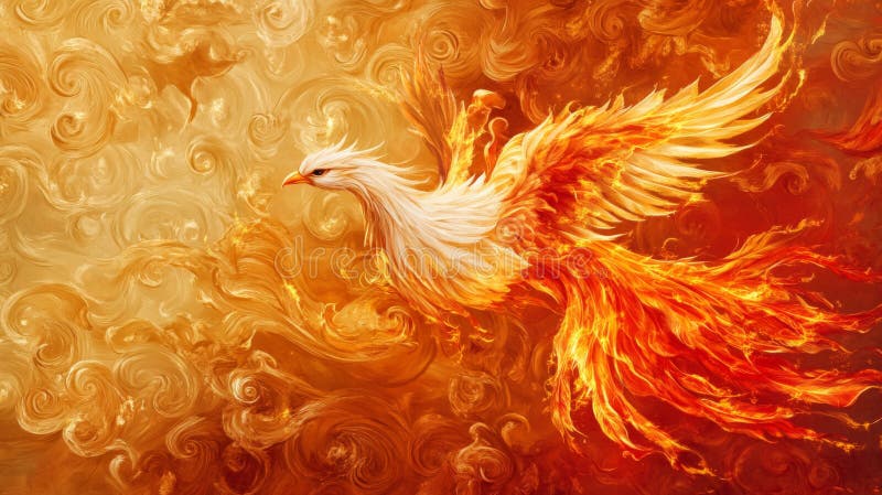Fiery Phoenix in Flight Against Golden Background Stock Illustration ...