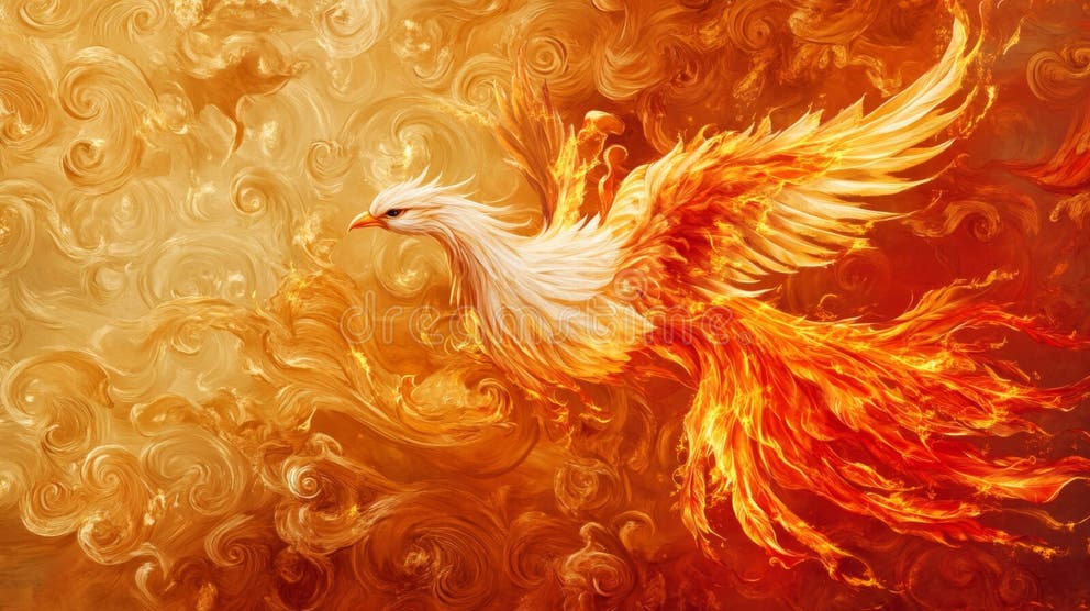 Fiery Phoenix in Flight Against Golden Background Stock Illustration ...