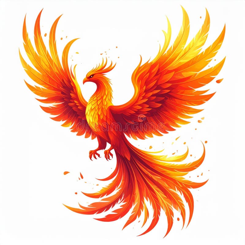 Fiery Phoenix in Flight Against White Background Stock Illustration ...