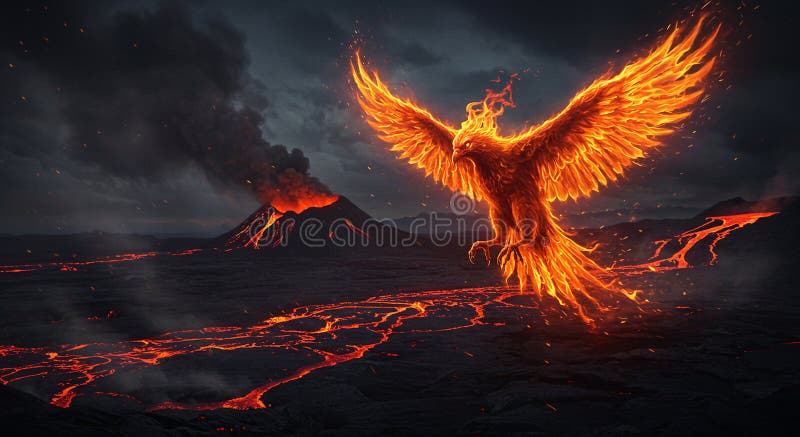 A Fiery Phoenix with Glowing Orange and Yellow Flames Rises ...