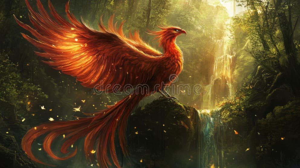Fiery Phoenix in Lush Jungle Waterfall Setting Stock Illustration ...