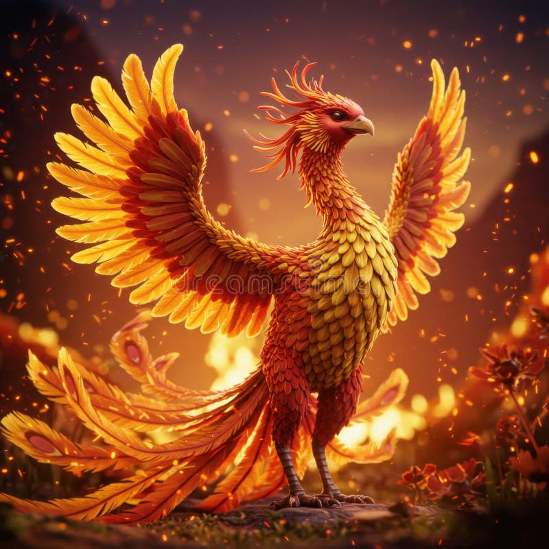 Fiery Phoenix Mythical Creature in Fantasy Landscape Stock Illustration ...