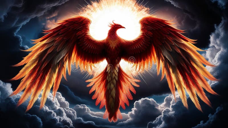 Fiery Phoenix with Outstretched Wings and Glowing Aura Stock ...