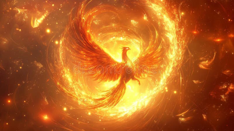 A Fiery Phoenix with Outstretched Wings Soars within a Vortex of Flames ...