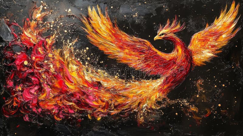 Fiery Phoenix Painting in Red and Gold Stock Illustration ...