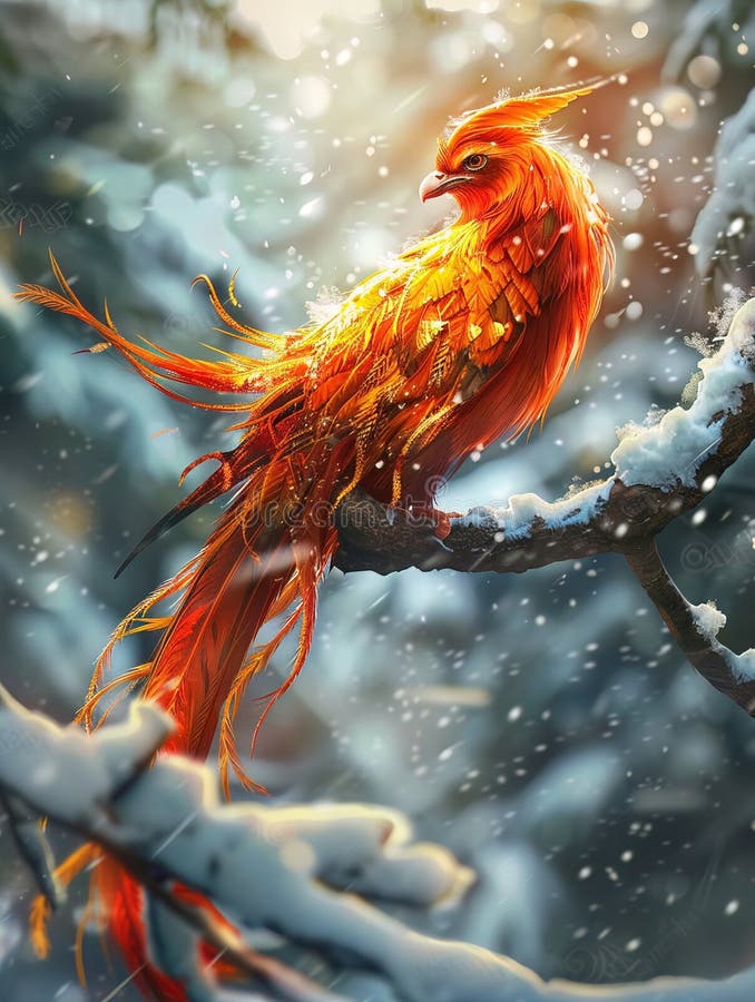 A Fiery Phoenix Perched on an Icy Branch Contrasting Warmth and Cold ...