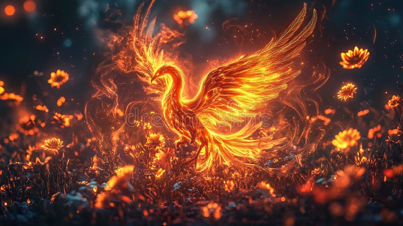 Fiery Phoenix Rising Amidst Burning Flowers Stock Photo - Image of ...
