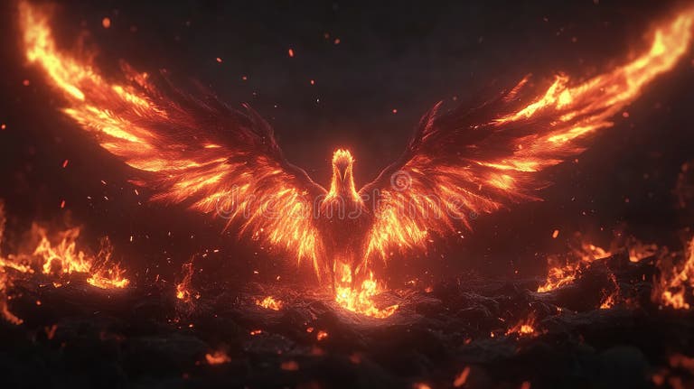 Fiery Phoenix Rising from Ashes, Dramatic Night Scene Stock Image ...