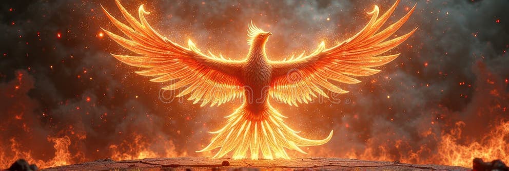 Fiery Phoenix Rising from Ashes with Outstretched Wings in Glowing ...