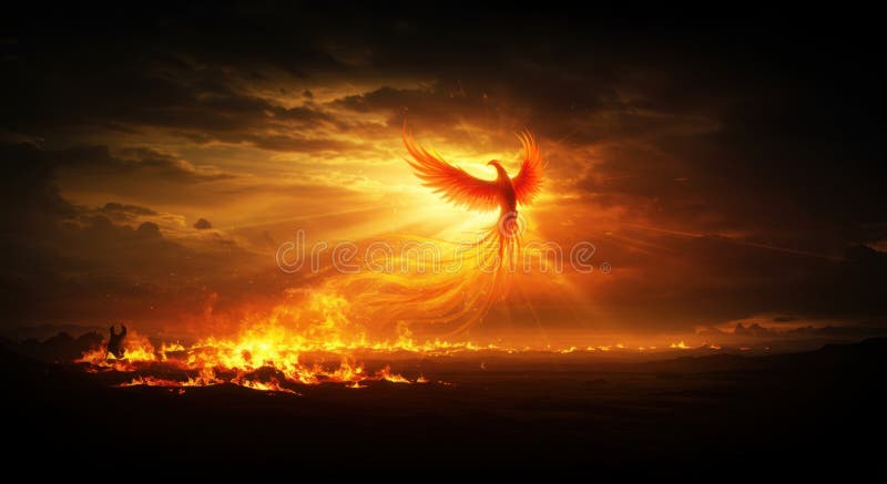Fiery Phoenix Rising from Ashes at Sunset Stock Illustration ...