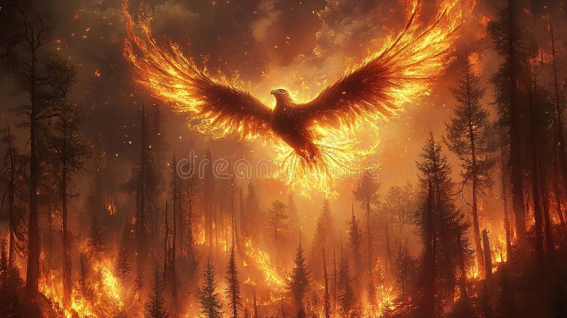 Fiery Phoenix Rising from Burning Forest Stock Illustration ...