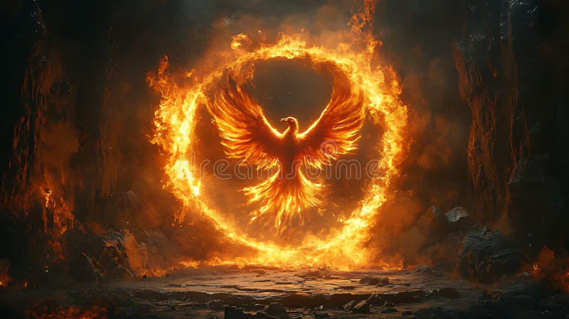 Fiery Phoenix Rising in Cave Fire Ring Stock Illustration ...