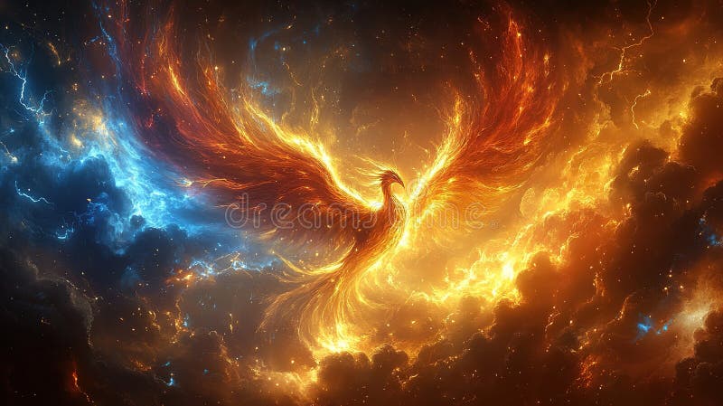 Fiery Phoenix Rising from Cosmic Clouds, Engulfed in Flames and ...