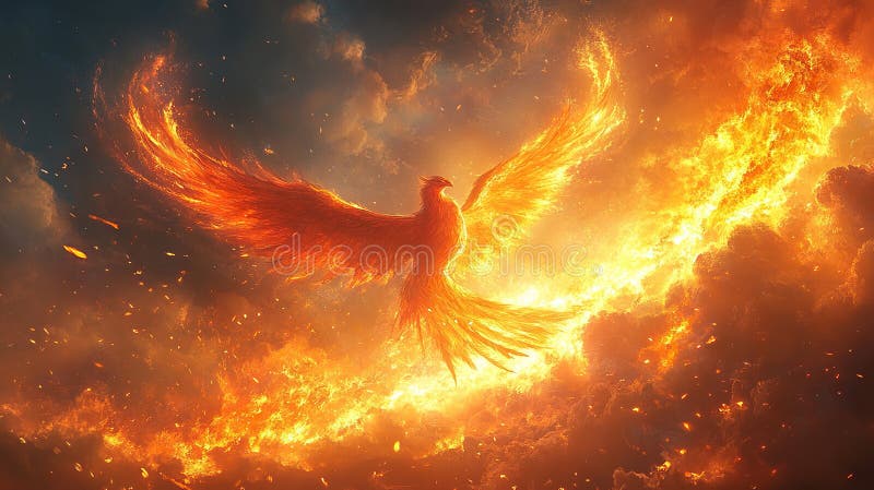 Fiery Phoenix Rising from Flames in Dramatic Sky. (1 Stock Illustration ...