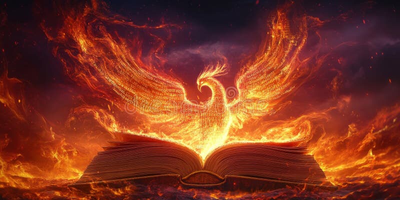 Fiery Phoenix Rising from Open Magic Book in Dramatic Fantasy Scene ...