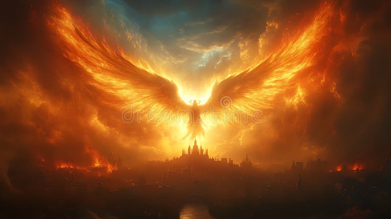 Fiery Phoenix Rising Over Burning Cityscape Stock Illustration ...