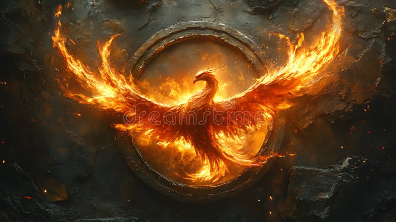 Fiery Phoenix Rising, Stone Backdrop, Game Design Stock Illustration ...
