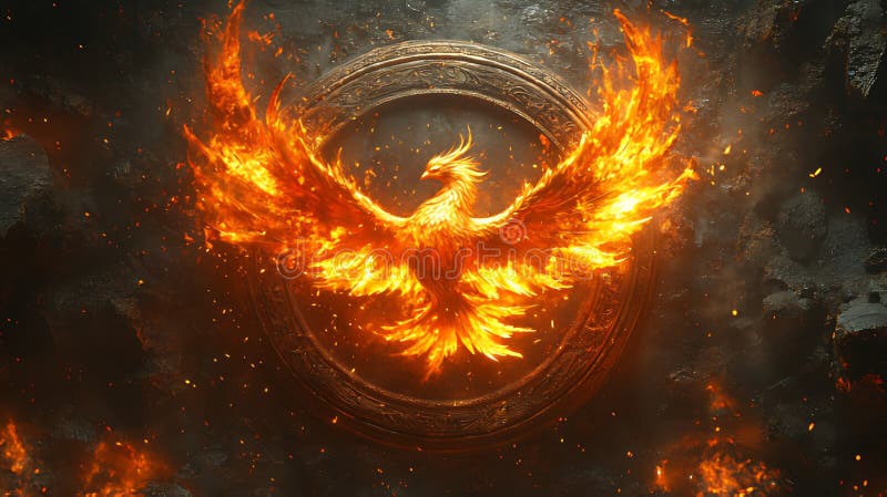 Fiery Phoenix Rising, Stone Backdrop, Game Logo Stock Illustration ...