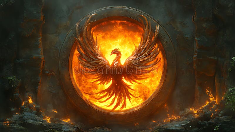 Fiery Phoenix Rising, Stone Ruins, Inferno Background, Mythology Stock ...