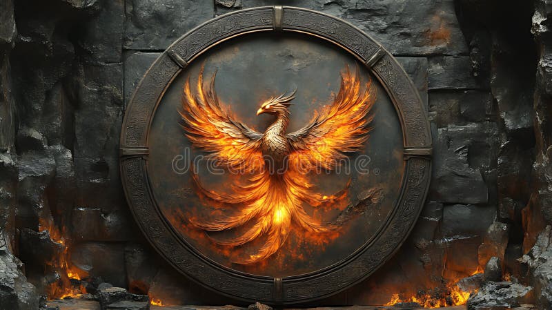 Fiery Phoenix Shield, Stone Wall, Flames, Fantasy, Game Design Stock ...
