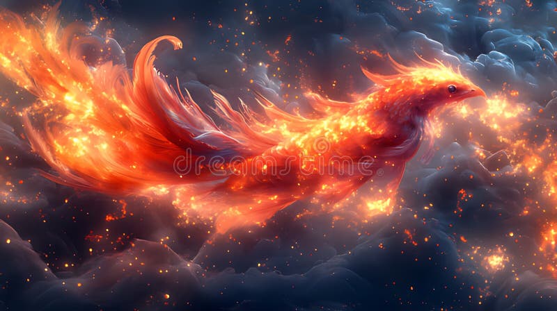 Fiery Phoenix Soaring through Cosmic Clouds, Fantasy Art, Digital ...