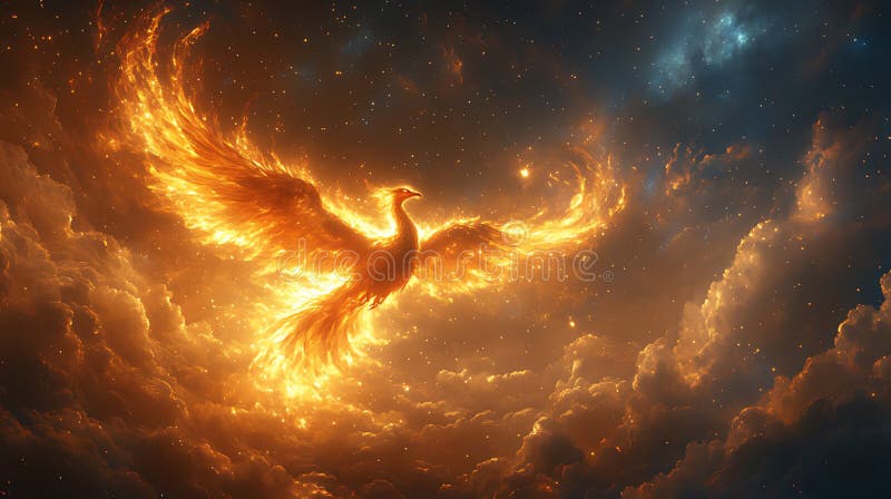 Fiery Phoenix Soaring Cosmic Clouds, Starry Night, Fantasy Art Stock ...
