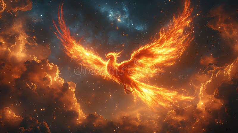 Fiery Phoenix Soaring Cosmic Cloudscape, Fantasy Art Stock Illustration ...