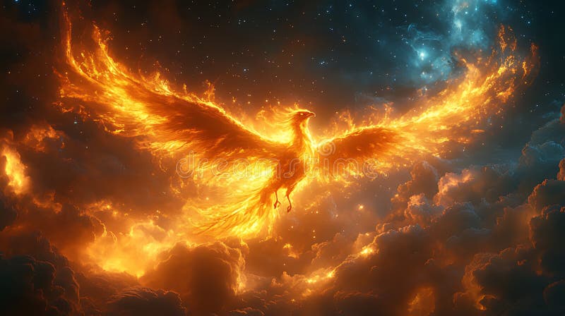 Fiery Phoenix Soaring Cosmic Cloudscape Rebirth Fantasy Stock ...